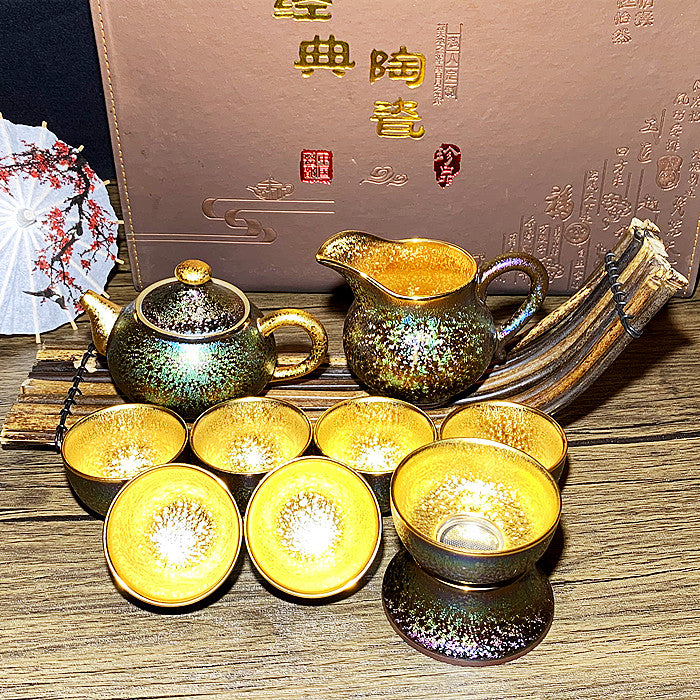 Colorful gilded oil drop Jian Zhan Kung Fu set combination